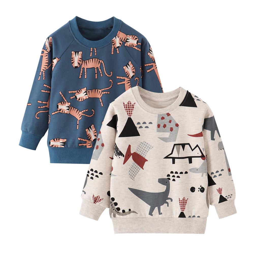 Azalquat Toddler Boys Girls Crewneck Sweatshirt, Cotton Long-Sleeved Pullover Cartoon Print (Dinosaurs & Tigers, 2-3T)