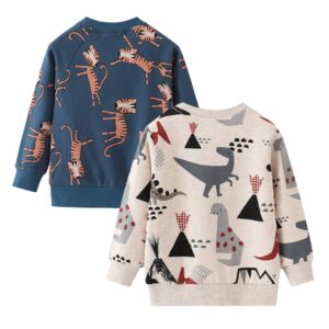 Azalquat Toddler Boys Girls Crewneck Sweatshirt, Cotton Long-Sleeved Pullover Cartoon Print (Dinosaurs & Tigers, 2-3T)