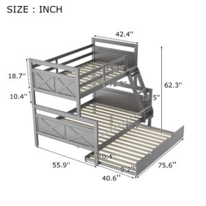 SOFTSEA Twin Over Full Bunk Bed with Trundle, Modern Bunk Bed with Ladder and Guardrails for Kids, Solid Wood Bunk Bed Frame, Can be Converted into 2 Beds Full Bed with Trundle and Loft Bed, Gray