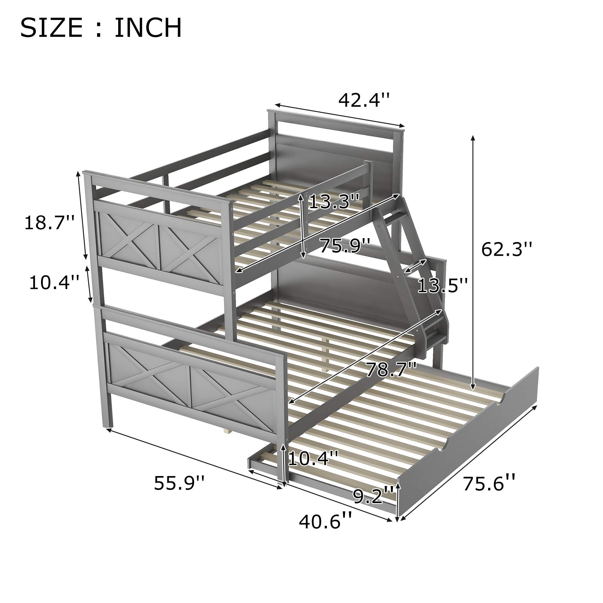 SOFTSEA Twin Over Full Bunk Bed with Trundle, Modern Bunk Bed with Ladder and Guardrails for Kids, Solid Wood Bunk Bed Frame, Can be Converted into 2 Beds Full Bed with Trundle and Loft Bed, Gray