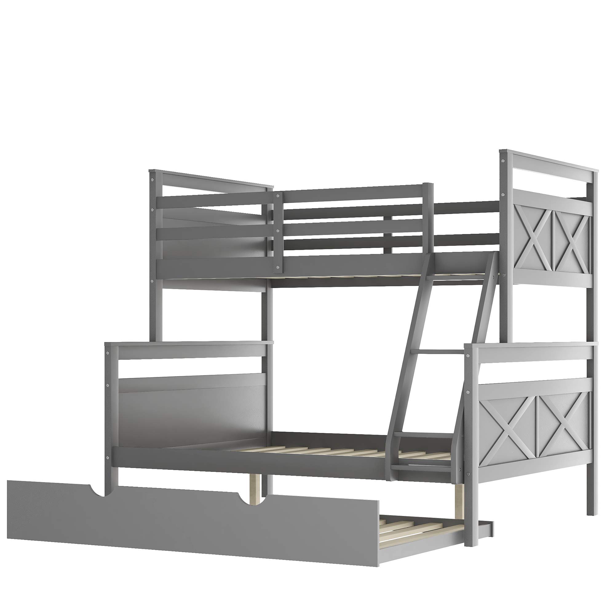 SOFTSEA Twin Over Full Bunk Bed with Trundle, Modern Bunk Bed with Ladder and Guardrails for Kids, Solid Wood Bunk Bed Frame, Can be Converted into 2 Beds Full Bed with Trundle and Loft Bed, Gray