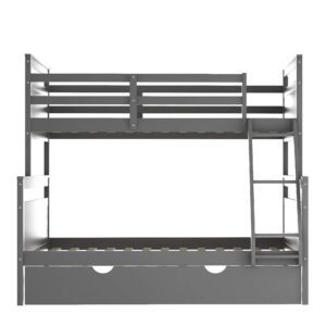 SOFTSEA Twin Over Full Bunk Bed with Trundle, Modern Bunk Bed with Ladder and Guardrails for Kids, Solid Wood Bunk Bed Frame, Can be Converted into 2 Beds Full Bed with Trundle and Loft Bed, Gray