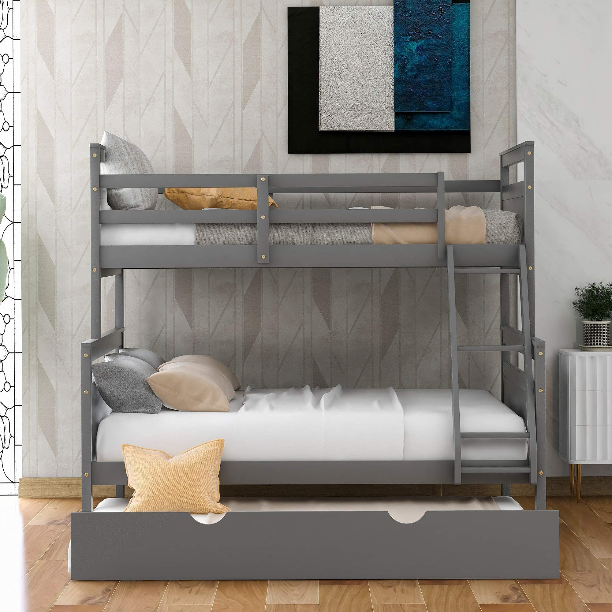 SOFTSEA Twin Over Full Bunk Bed with Trundle, Modern Bunk Bed with Ladder and Guardrails for Kids, Solid Wood Bunk Bed Frame, Can be Converted into 2 Beds Full Bed with Trundle and Loft Bed, Gray