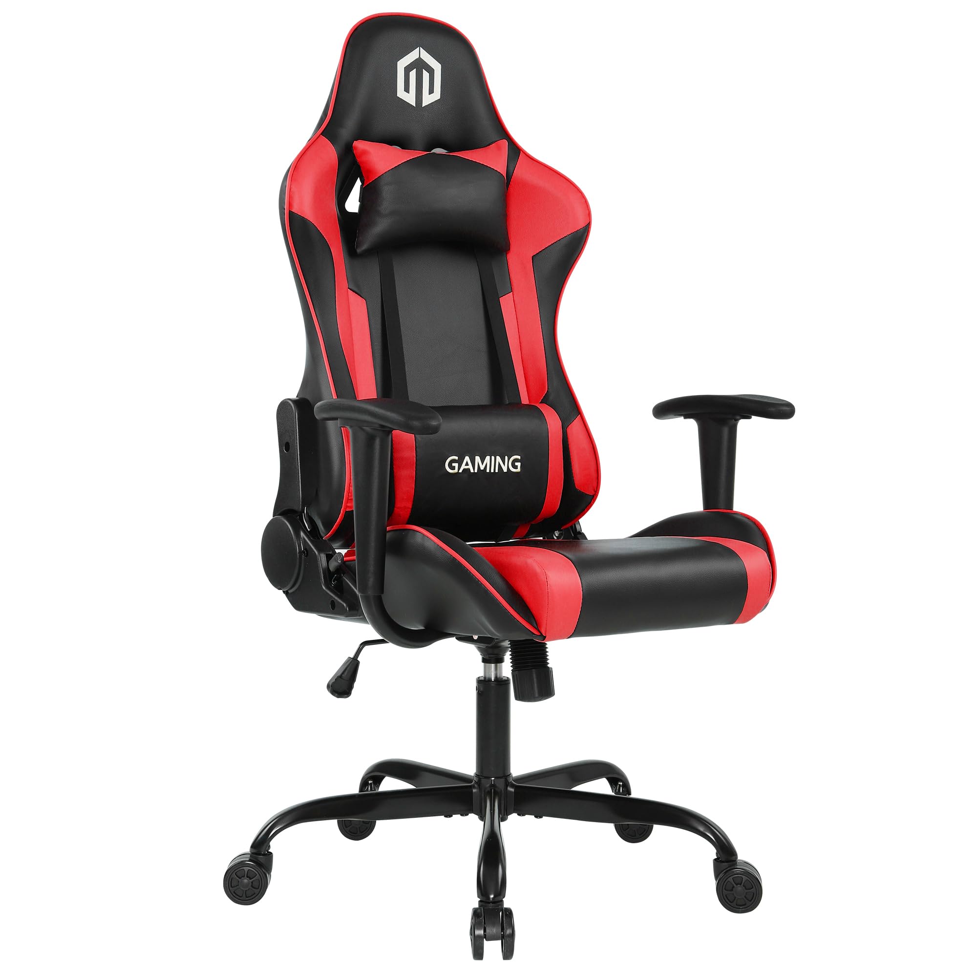 GOTMINSI Computer Gaming Chair with Headrest and Lumbar Cushion, Ergonomic Gaming Chair Office Chair 290lbs for Adults, Video Game Chairs Racing Chair High Back Leather Adjustable, (BK/Red)