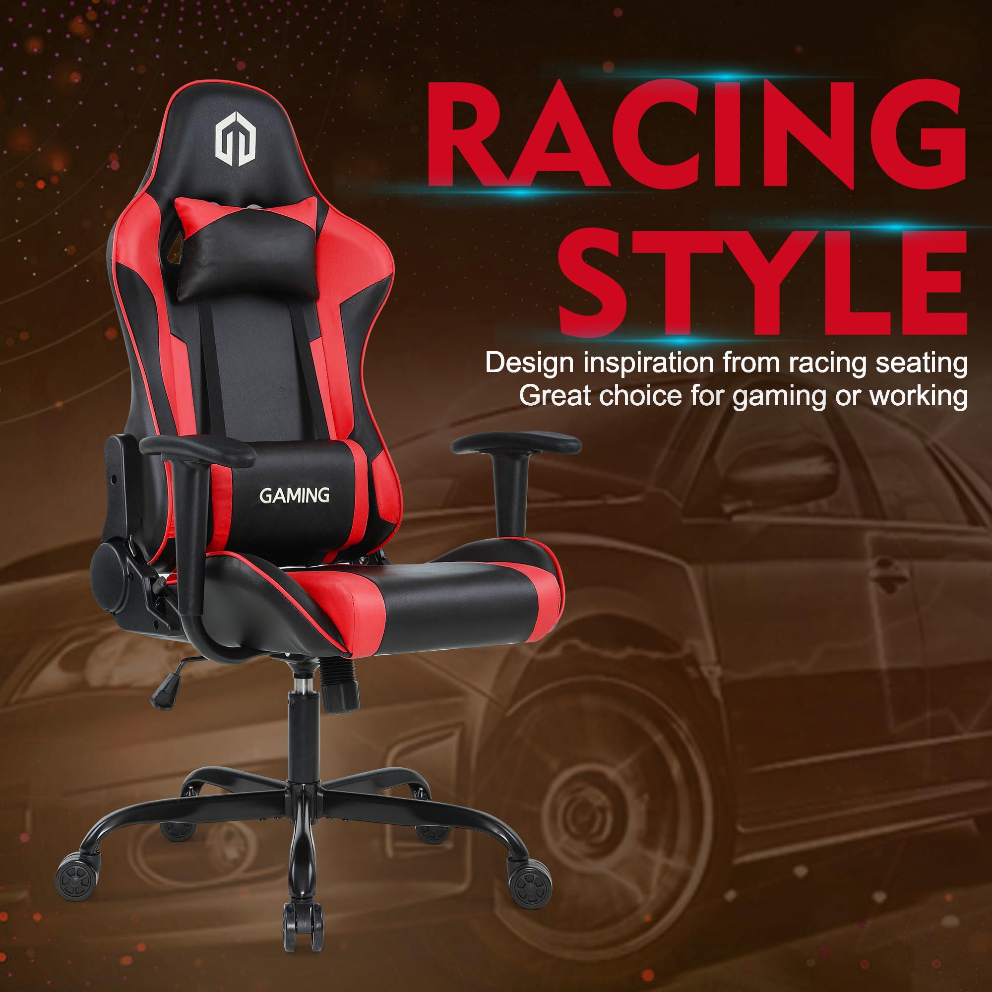 GOTMINSI Computer Gaming Chair with Headrest and Lumbar Cushion, Ergonomic Gaming Chair Office Chair 290lbs for Adults, Video Game Chairs Racing Chair High Back Leather Adjustable, (BK/Red)