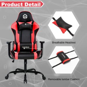 GOTMINSI Computer Gaming Chair with Headrest and Lumbar Cushion, Ergonomic Gaming Chair Office Chair 290lbs for Adults, Video Game Chairs Racing Chair High Back Leather Adjustable, (BK/Red)