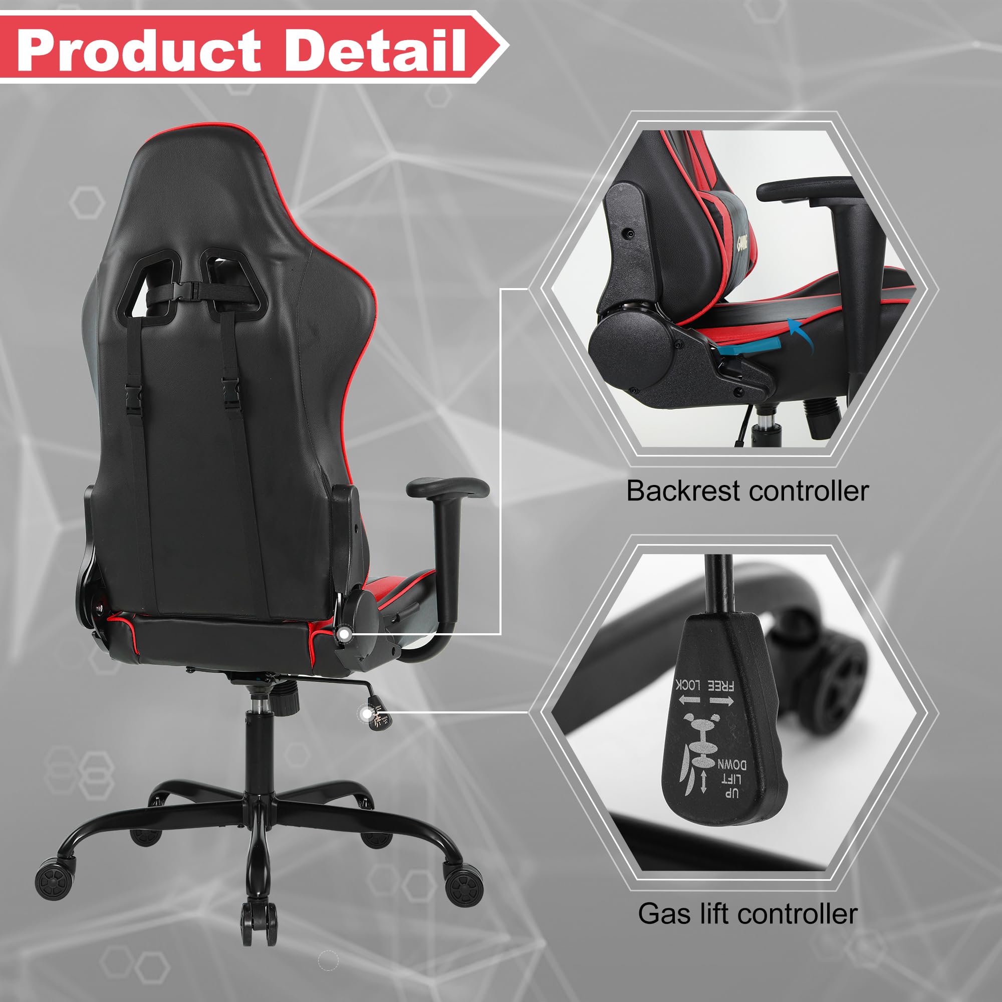 GOTMINSI Computer Gaming Chair with Headrest and Lumbar Cushion, Ergonomic Gaming Chair Office Chair 290lbs for Adults, Video Game Chairs Racing Chair High Back Leather Adjustable, (BK/Red)