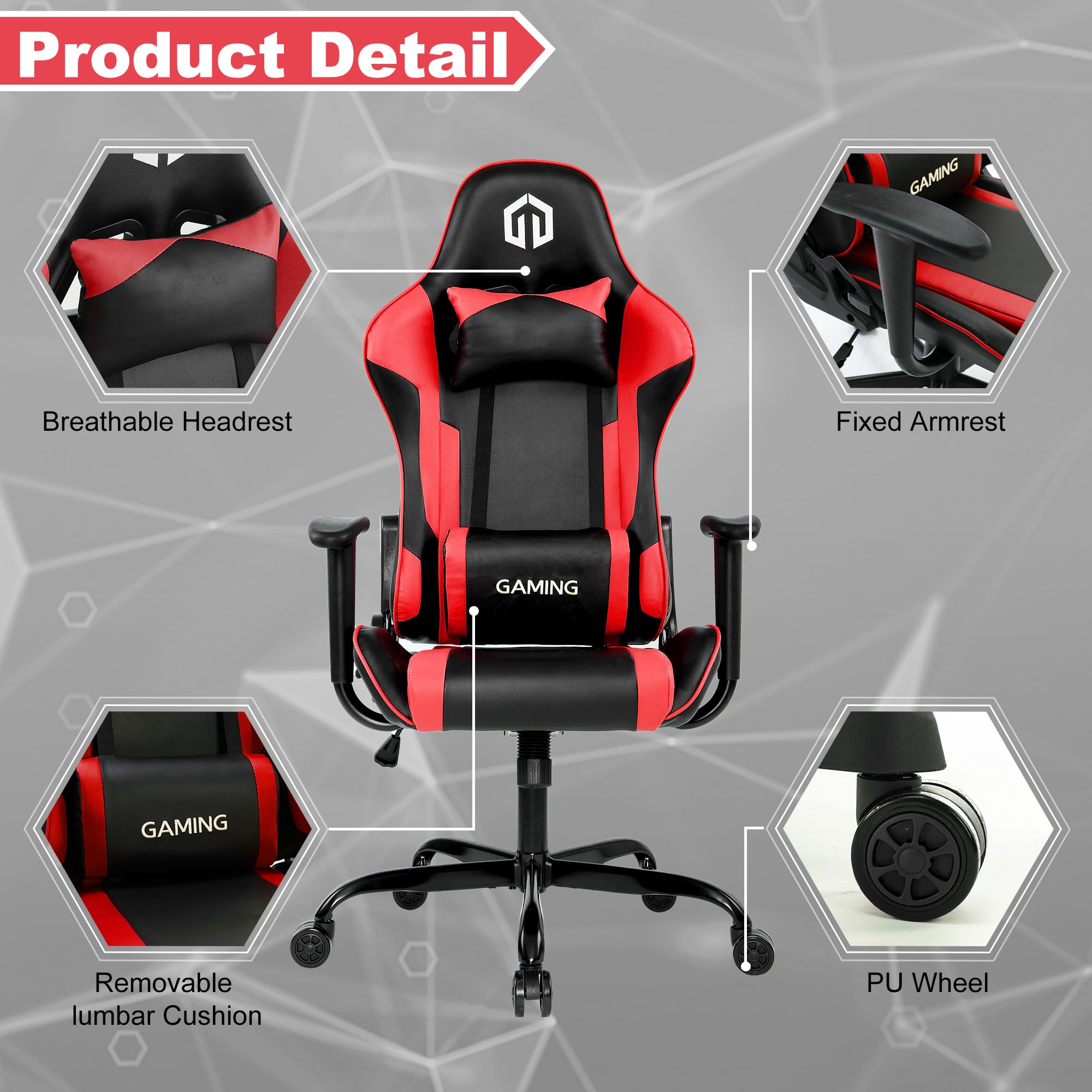 GOTMINSI Computer Gaming Chair with Headrest and Lumbar Cushion, Ergonomic Gaming Chair Office Chair 290lbs for Adults, Video Game Chairs Racing Chair High Back Leather Adjustable, (BK/Red)