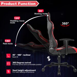 GOTMINSI Computer Gaming Chair with Headrest and Lumbar Cushion, Ergonomic Gaming Chair Office Chair 290lbs for Adults, Video Game Chairs Racing Chair High Back Leather Adjustable, (BK/Red)