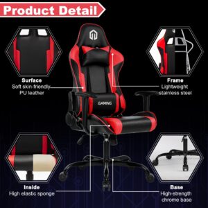 GOTMINSI Computer Gaming Chair with Headrest and Lumbar Cushion, Ergonomic Gaming Chair Office Chair 290lbs for Adults, Video Game Chairs Racing Chair High Back Leather Adjustable, (BK/Red)