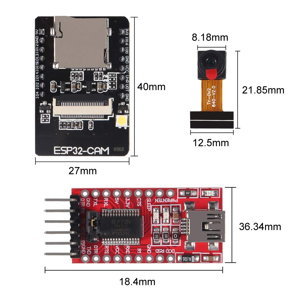 ACEIRMC ESP32-CAM WiFi + Bluetooth Module WiFi ESP32 CAM Development Board with Camera Module OV2640 2MP + FT232RL FTDI USB to TTL Serial Converter + 20 pin Jumper Wire