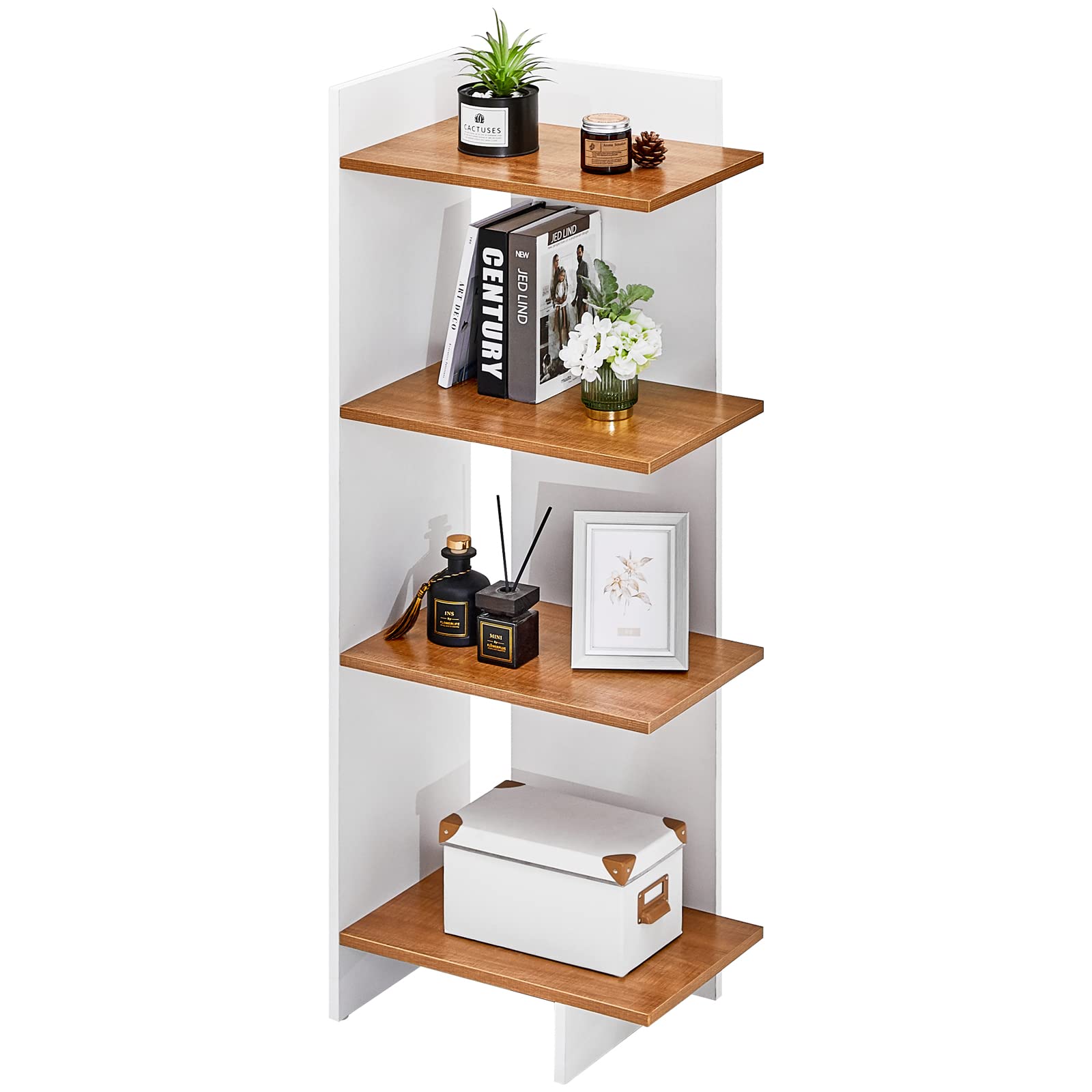 SAYGOER Modern Bookshelf Affordable Wood Bookcase 4 Tiers Tall Storage Shelves Floating Display Shelf Plant Stand for Living Room Home Office Bedroom Organizer，White Walnut