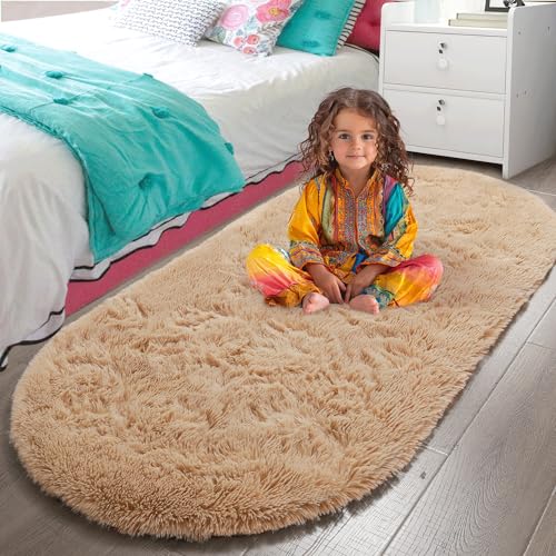 LOCHAS Fluffy Beige Bedroom Rug 2.6 x 5.3 Feet, Shaggy Area Rugs for Bedroom Bedside Girls Kids Room, Soft Oval Throw Rugs Carpets for Living Room Home Decor