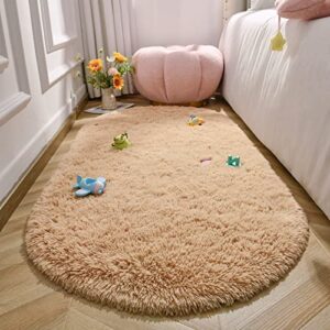 LOCHAS Fluffy Beige Bedroom Rug 2.6 x 5.3 Feet, Shaggy Area Rugs for Bedroom Bedside Girls Kids Room, Soft Oval Throw Rugs Carpets for Living Room Home Decor