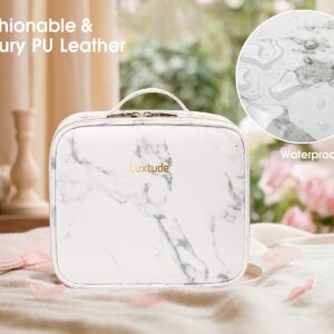 Luxtude Travel Makeup Bag Organizer Large Makeup Train Case Leather Cosmetic Case Organizer Portable Artist Storage Bag with Adjustable Dividers for Women Cosmetics Brushes Toiletry etc. (Marble)