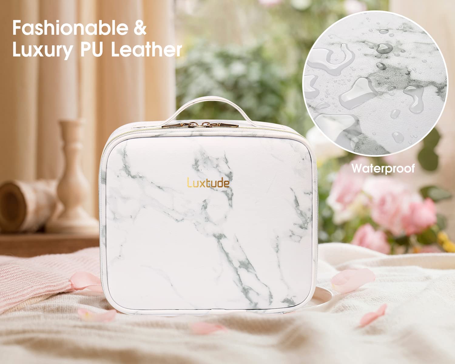 Luxtude Travel Makeup Bag Organizer Large Makeup Train Case Leather Cosmetic Case Organizer Portable Artist Storage Bag with Adjustable Dividers for Women Cosmetics Brushes Toiletry etc. (Marble)