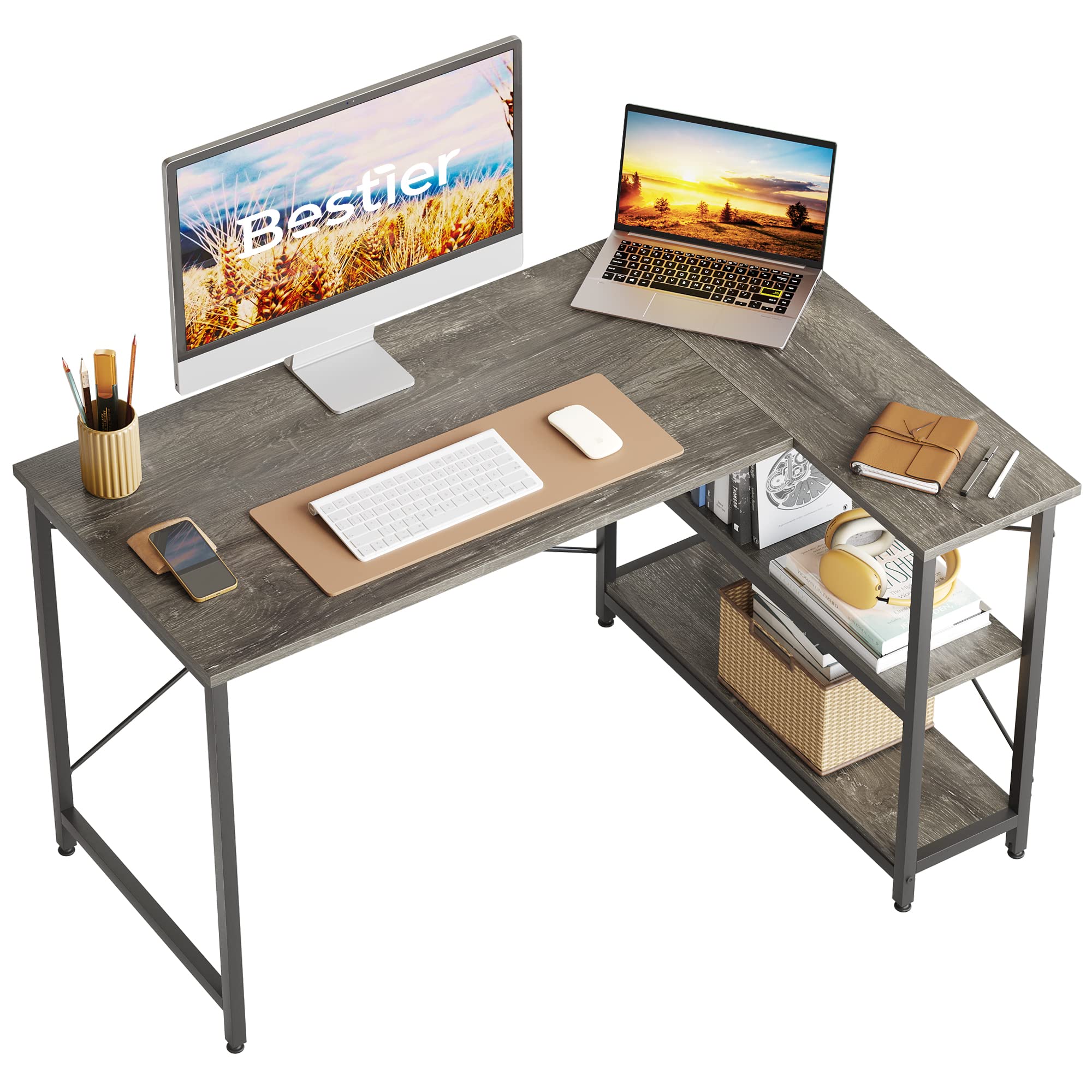 Bestier Small L Shaped Desk with Storage Shelves 47 Inch Corner Computer Desk Writing Study Table for Home Office Small Space, Gray