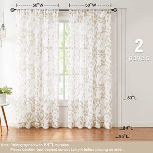 Leaf White Sheer Curtains for Living Room Bedroom 84inches Long Taupe Leaves Print Light Filtering Rustic Window Curtain Panels Botanical Linen Textured Look Drapes for Garden Patio Office 50” w 2pcs