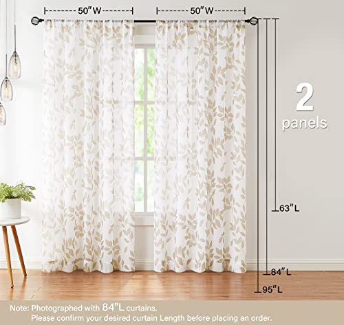 Leaf White Sheer Curtains for Living Room Bedroom 84inches Long Taupe Leaves Print Light Filtering Rustic Window Curtain Panels Botanical Linen Textured Look Drapes for Garden Patio Office 50” w 2pcs