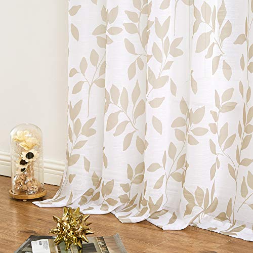 Leaf White Sheer Curtains for Living Room Bedroom 84inches Long Taupe Leaves Print Light Filtering Rustic Window Curtain Panels Botanical Linen Textured Look Drapes for Garden Patio Office 50” w 2pcs