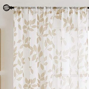 Leaf White Sheer Curtains for Living Room Bedroom 84inches Long Taupe Leaves Print Light Filtering Rustic Window Curtain Panels Botanical Linen Textured Look Drapes for Garden Patio Office 50” w 2pcs