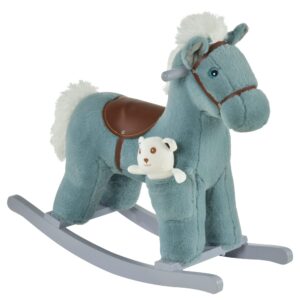 qaba kids plush ride-on rocking horse with bear toy, children chair with soft plush toy & fun realistic sounds, blue