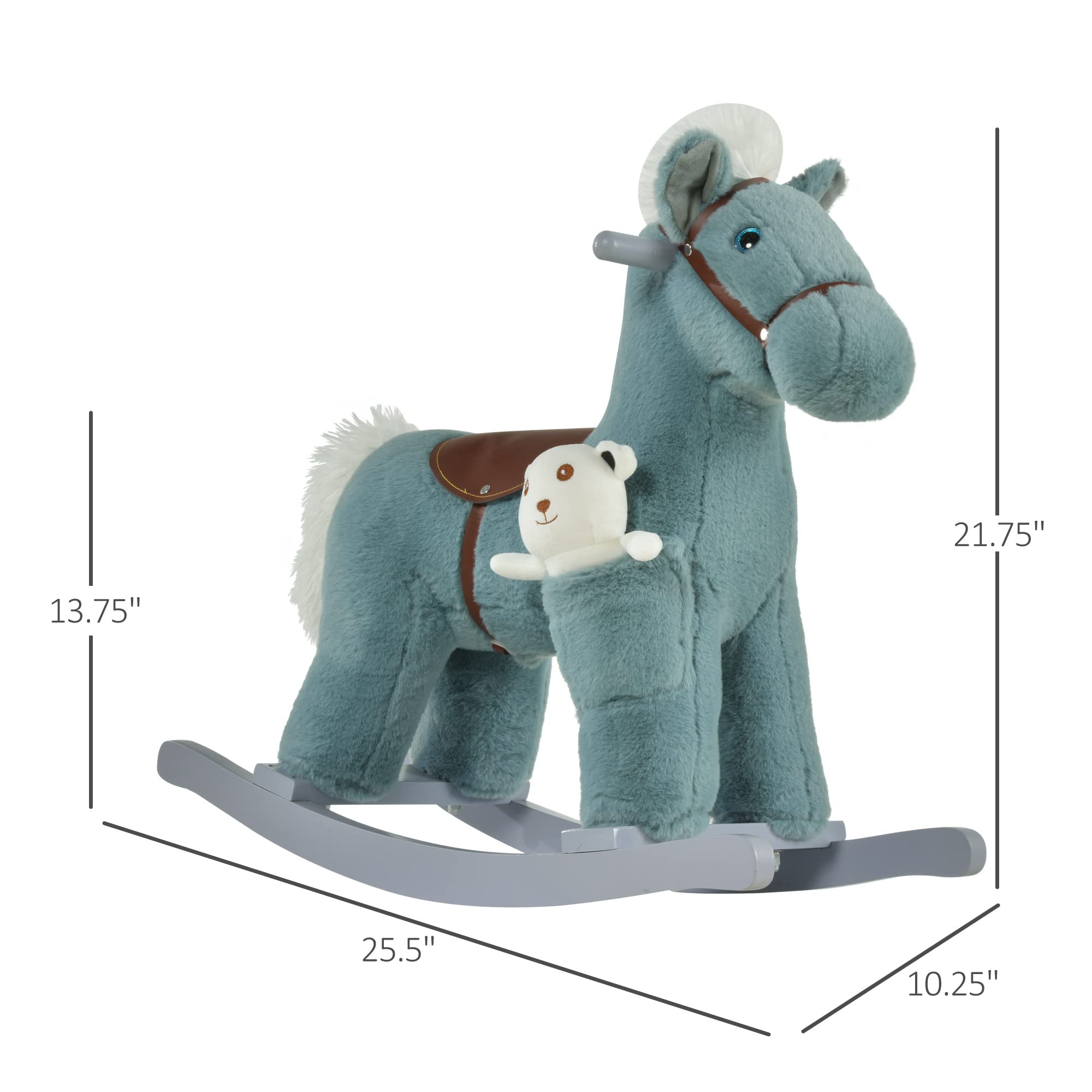 Qaba Kids Plush Ride-On Rocking Horse with Bear Toy, Children Chair with Soft Plush Toy & Fun Realistic Sounds, Blue