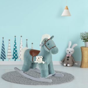 Qaba Kids Plush Ride-On Rocking Horse with Bear Toy, Children Chair with Soft Plush Toy & Fun Realistic Sounds, Blue