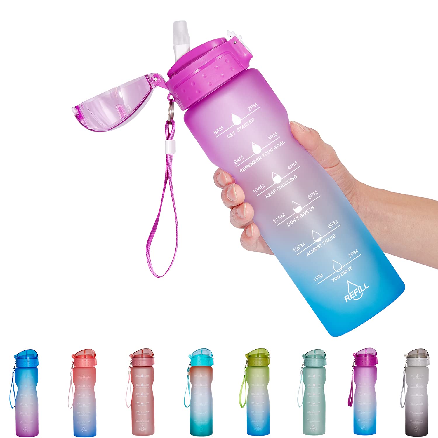 NOOFORMER 24oz / 32oz Motivational Water Bottle with Time Marker & Straw- Water Tracker Bottle Leakproof BPA Free for Fitness Sports Outdoors and Office