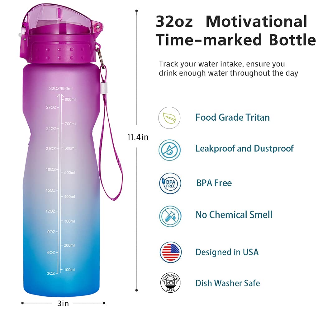 NOOFORMER 24oz / 32oz Motivational Water Bottle with Time Marker & Straw- Water Tracker Bottle Leakproof BPA Free for Fitness Sports Outdoors and Office