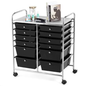 relax4life storage cart w/12 drawers rolling wheels semi-transparent multipurpose mobile rolling utility cart for school, office, home, beauty salon files arrangement storage organizer cart (black)