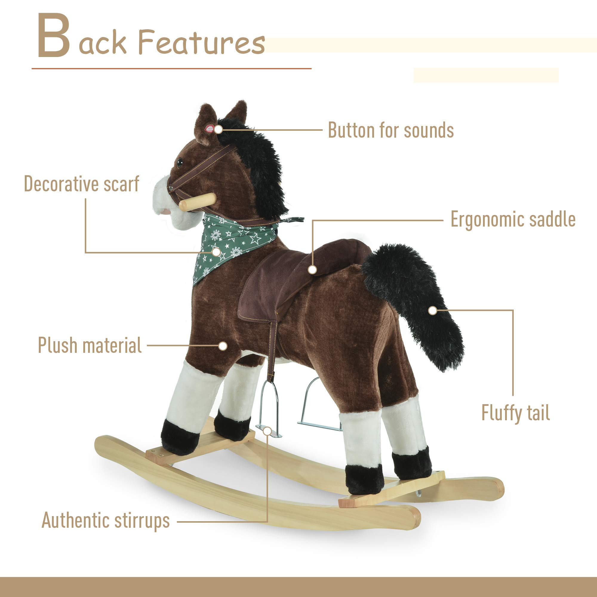 Qaba Kids Plush Ride-On Rocking Horse Toy Cowboy Rocker with Fun Realistic Sounds for Child 3-6 Years Old, Brown