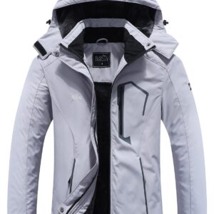 Pooluly Women's Ski Jacket Warm Winter Waterproof Windbreaker Hooded Raincoat Snowboarding Jackets Light Gray-S