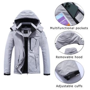 Pooluly Women's Ski Jacket Warm Winter Waterproof Windbreaker Hooded Raincoat Snowboarding Jackets Light Gray-S