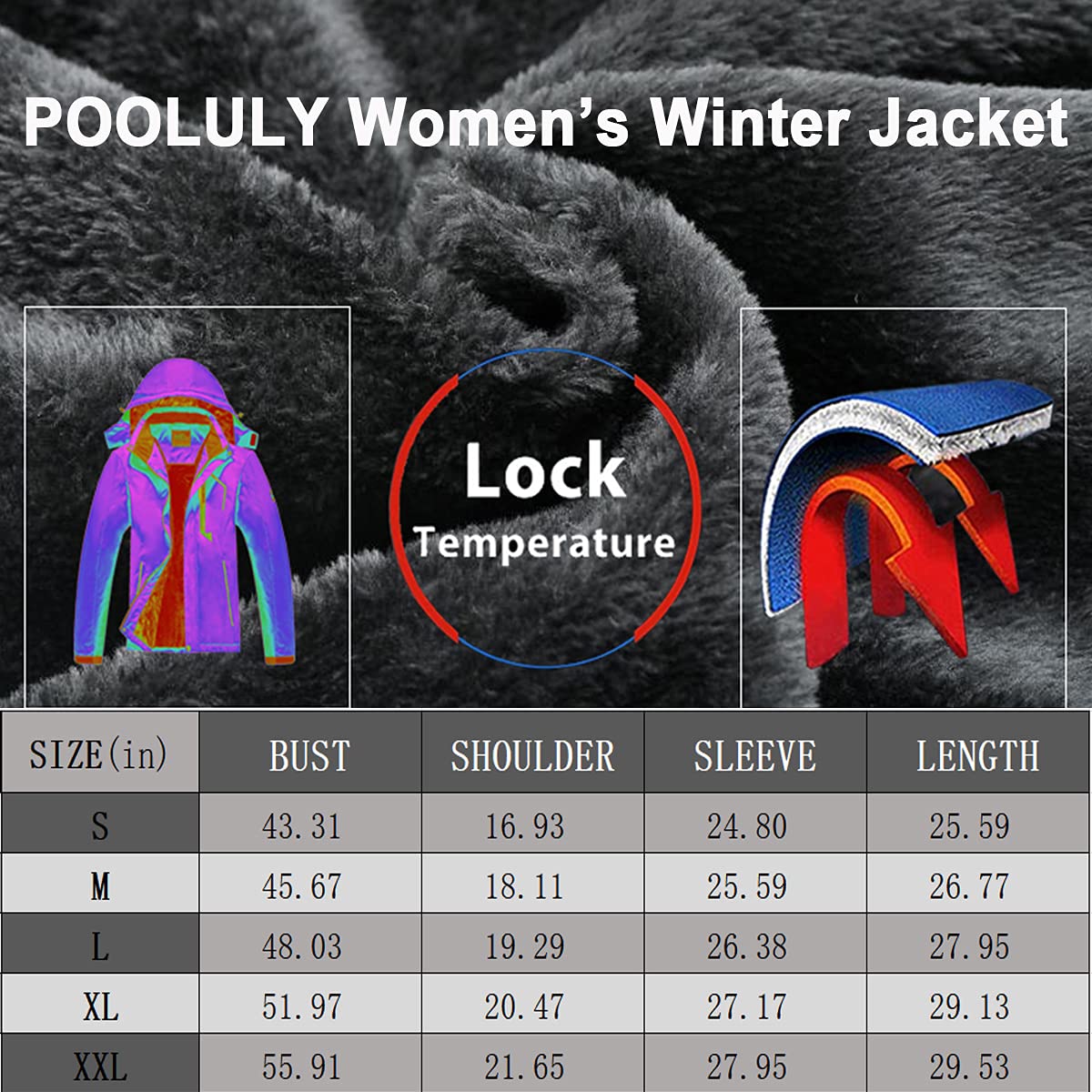 Pooluly Women's Ski Jacket Warm Winter Waterproof Windbreaker Hooded Raincoat Snowboarding Jackets Light Gray-S