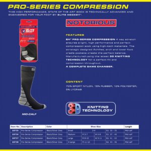 Elite Hockey, Notorious Pro-Series Compression Calf Sock, One Pair (Black/Silver Grey, X-Large)