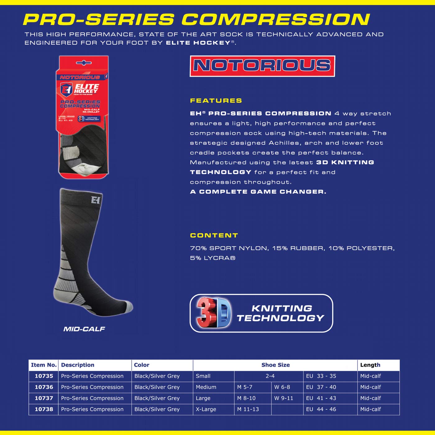 Elite Hockey, Notorious Pro-Series Compression Calf Sock, One Pair (Black/Silver Grey, X-Large)