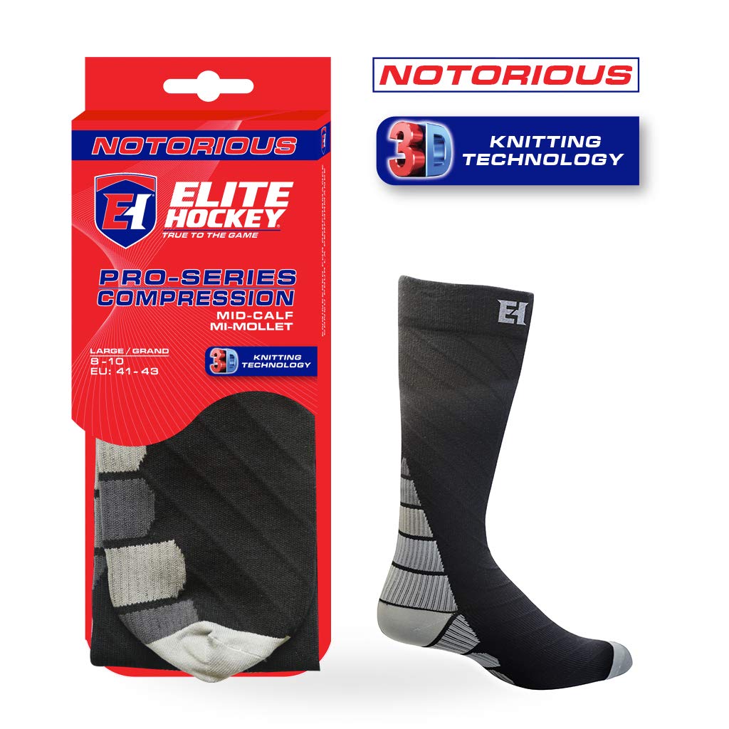 Elite Hockey, Notorious Pro-Series Compression Calf Sock, One Pair (Black/Silver Grey, X-Large)