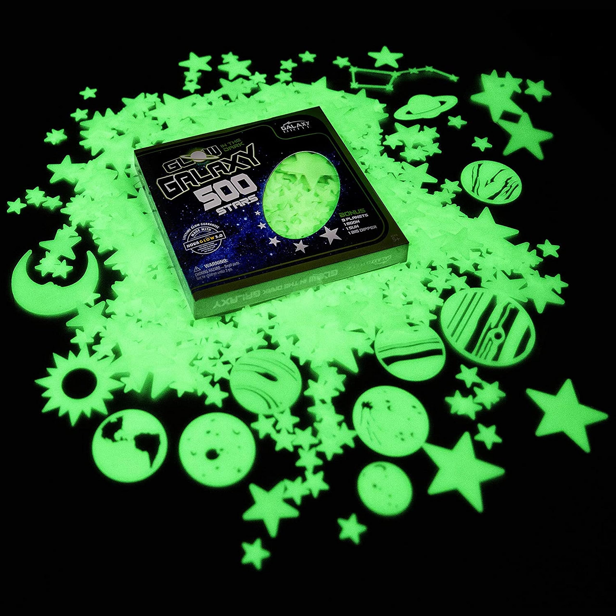 Glow in The Dark Stars for Ceiling, 500-Count, Largest Ceiling Glow Stars Assortment Includes Jumbo Sun, All 9 Planets, Bonus Moon and Entire Big Dipper Constellation Plus More! Stocking Stuffers