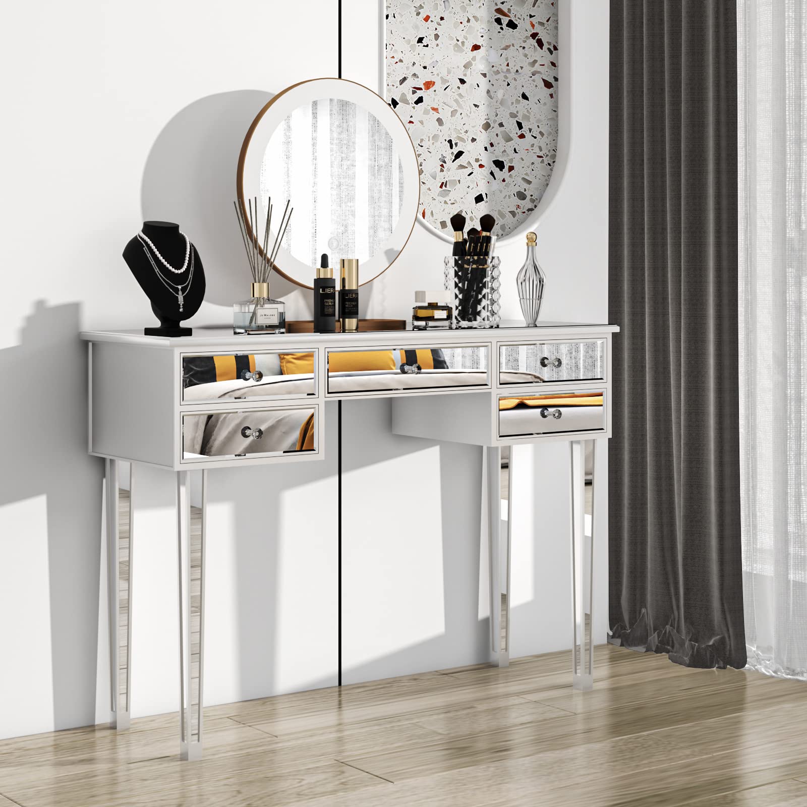 VINGLI Mirrored Vanity Desk with 5 Drawers, Modern Console Table/Sofa Table/Makeup Table (Silver, 41'' x 14'' x 30'')