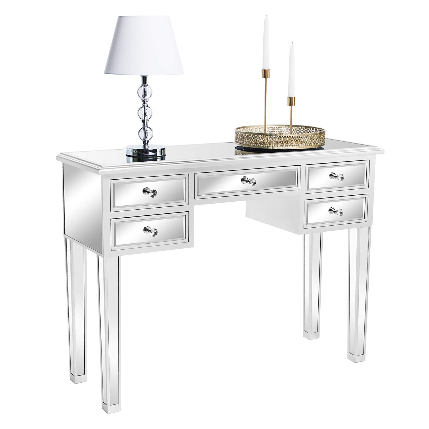 VINGLI Mirrored Vanity Desk with 5 Drawers, Modern Console Table/Sofa Table/Makeup Table (Silver, 41'' x 14'' x 30'')