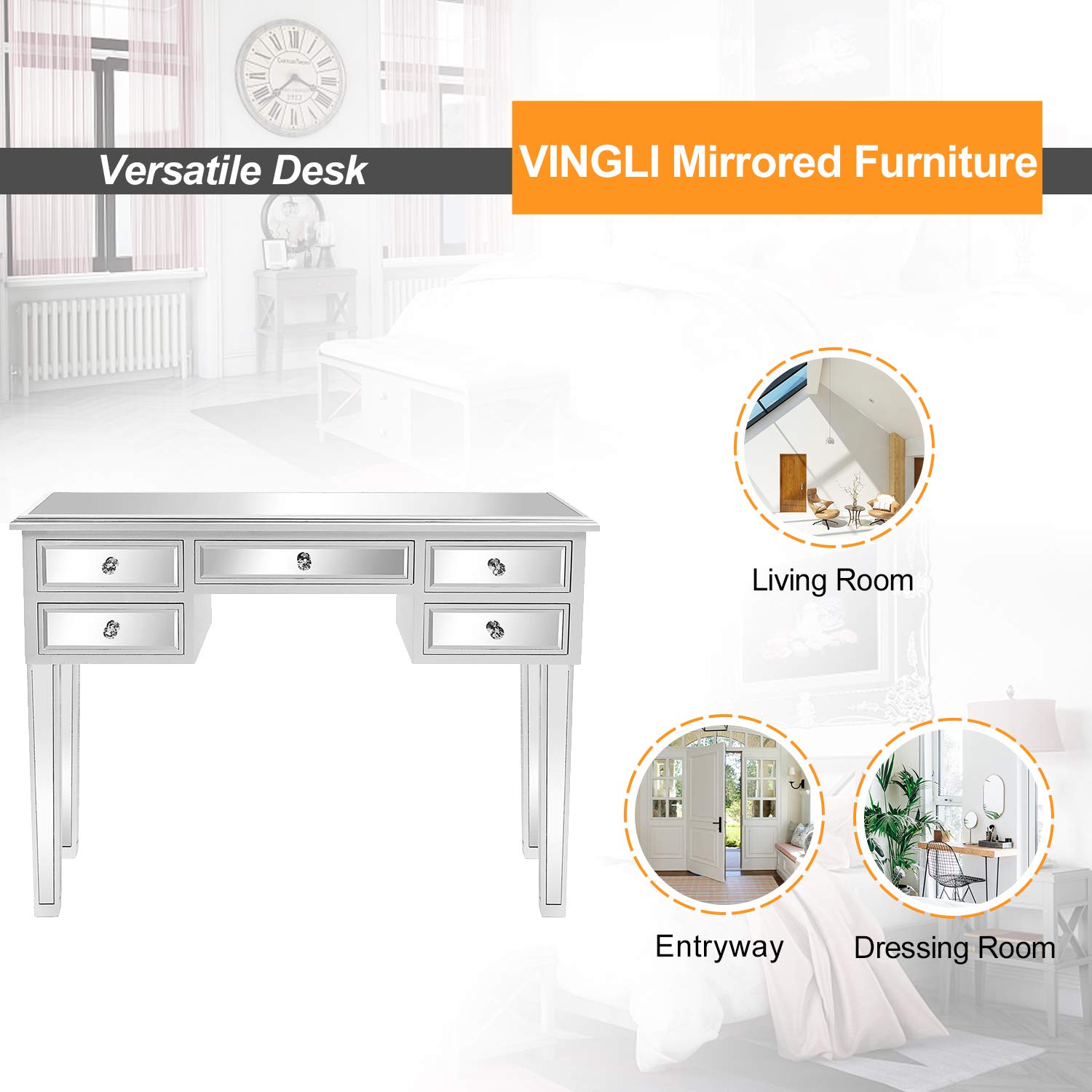 VINGLI Mirrored Vanity Desk with 5 Drawers, Modern Console Table/Sofa Table/Makeup Table (Silver, 41'' x 14'' x 30'')