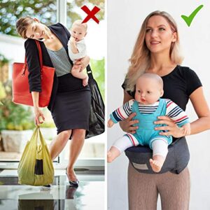 Hipbaby Baby Hip Seat Carrier - Waist Support Sling for Carrying Infants & Babies - Padded Belt, Cushioned Seat, Non-Slip Cotton Fabric, Adjustable Strap, Storage Pockets - CSC-Approved Design, Gray