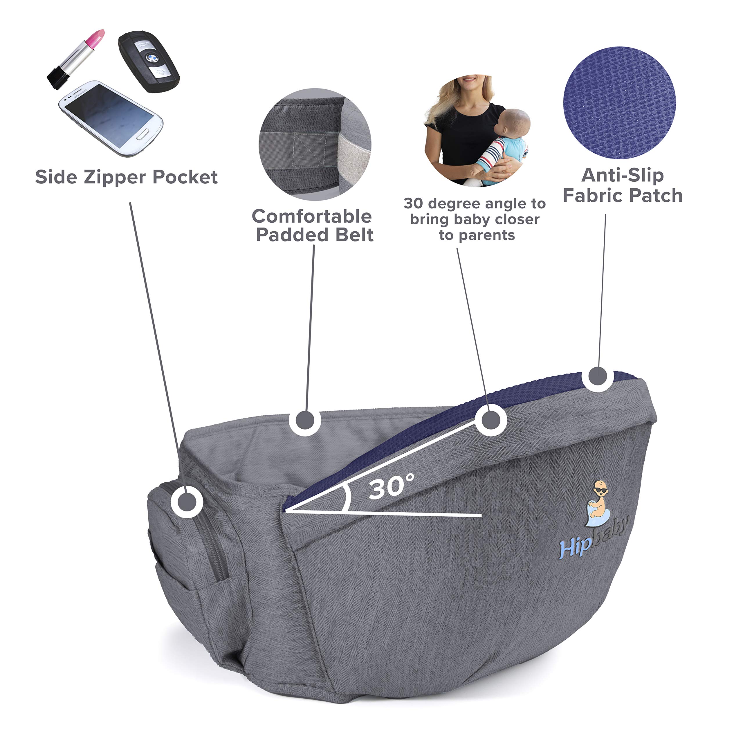 Hipbaby Baby Hip Seat Carrier - Waist Support Sling for Carrying Infants & Babies - Padded Belt, Cushioned Seat, Non-Slip Cotton Fabric, Adjustable Strap, Storage Pockets - CSC-Approved Design, Gray