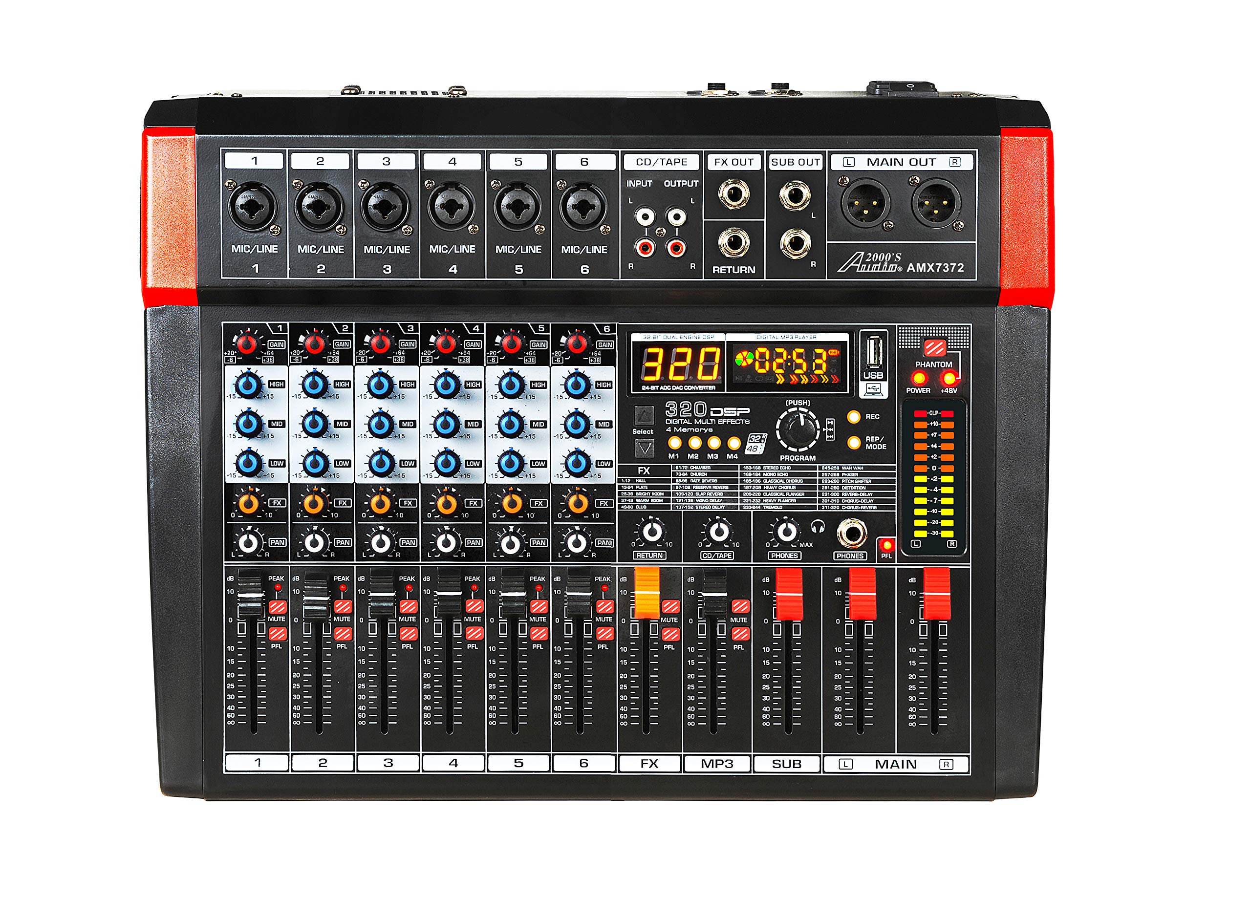 Audio2000'S AMX7372 Six-Channel Audio Mixer with 320 DSP Sound Effects, Stereo Sub Out with Sub-Out Level-Control Fader, Level-Control Faders on All Channels, and USB/Computer Interface