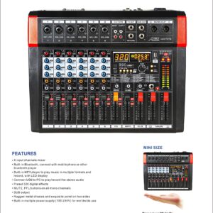 Audio2000'S AMX7372 Six-Channel Audio Mixer with 320 DSP Sound Effects, Stereo Sub Out with Sub-Out Level-Control Fader, Level-Control Faders on All Channels, and USB/Computer Interface