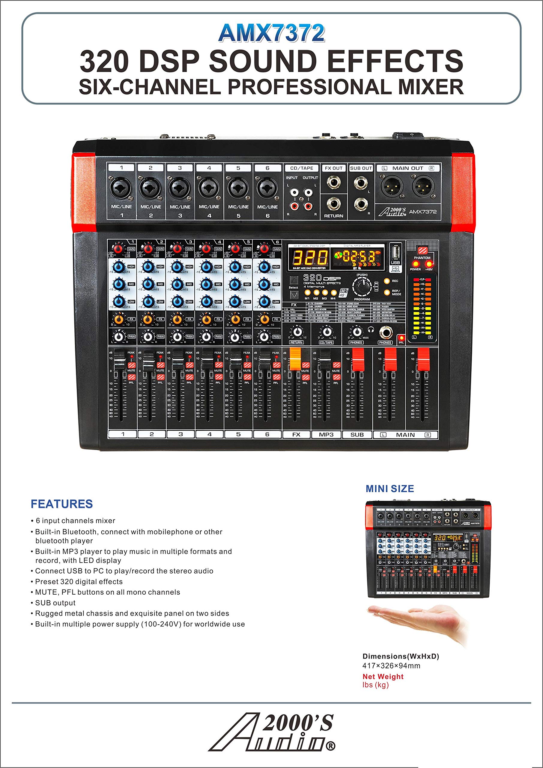 Audio2000'S AMX7372 Six-Channel Audio Mixer with 320 DSP Sound Effects, Stereo Sub Out with Sub-Out Level-Control Fader, Level-Control Faders on All Channels, and USB/Computer Interface