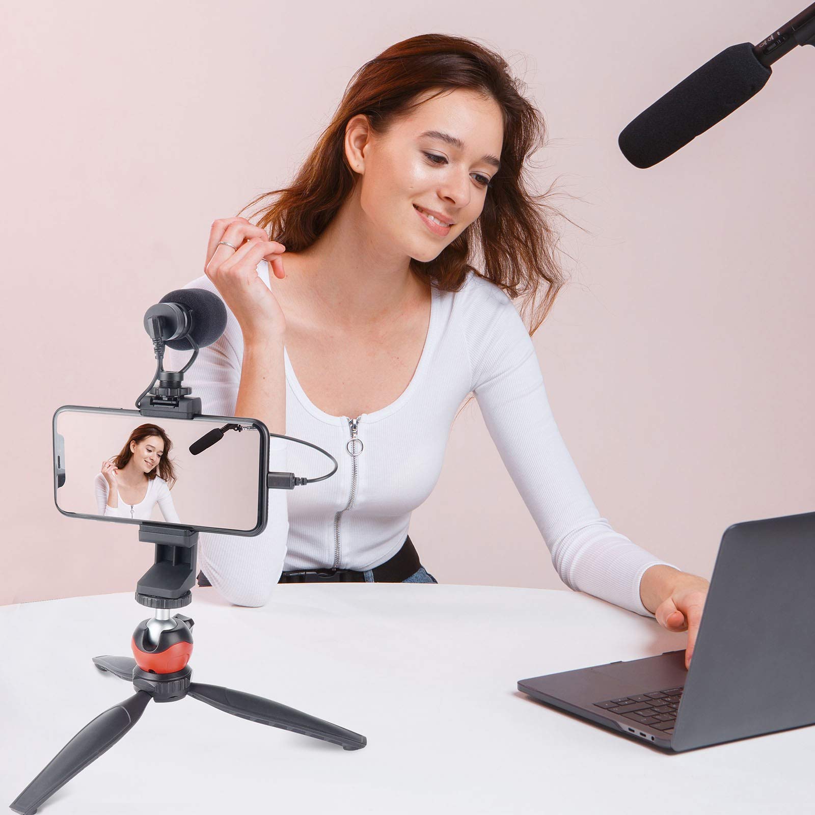 EACHSHOT Smartphone Vlogging Kit with Microphone,Tripod, Dongle Compatible iPhone 12 Mini Pro Max,11 Pro XS XR iOS Devices Android - Microphone for Video Recording Vlog Live Streaming YouTube TikTok