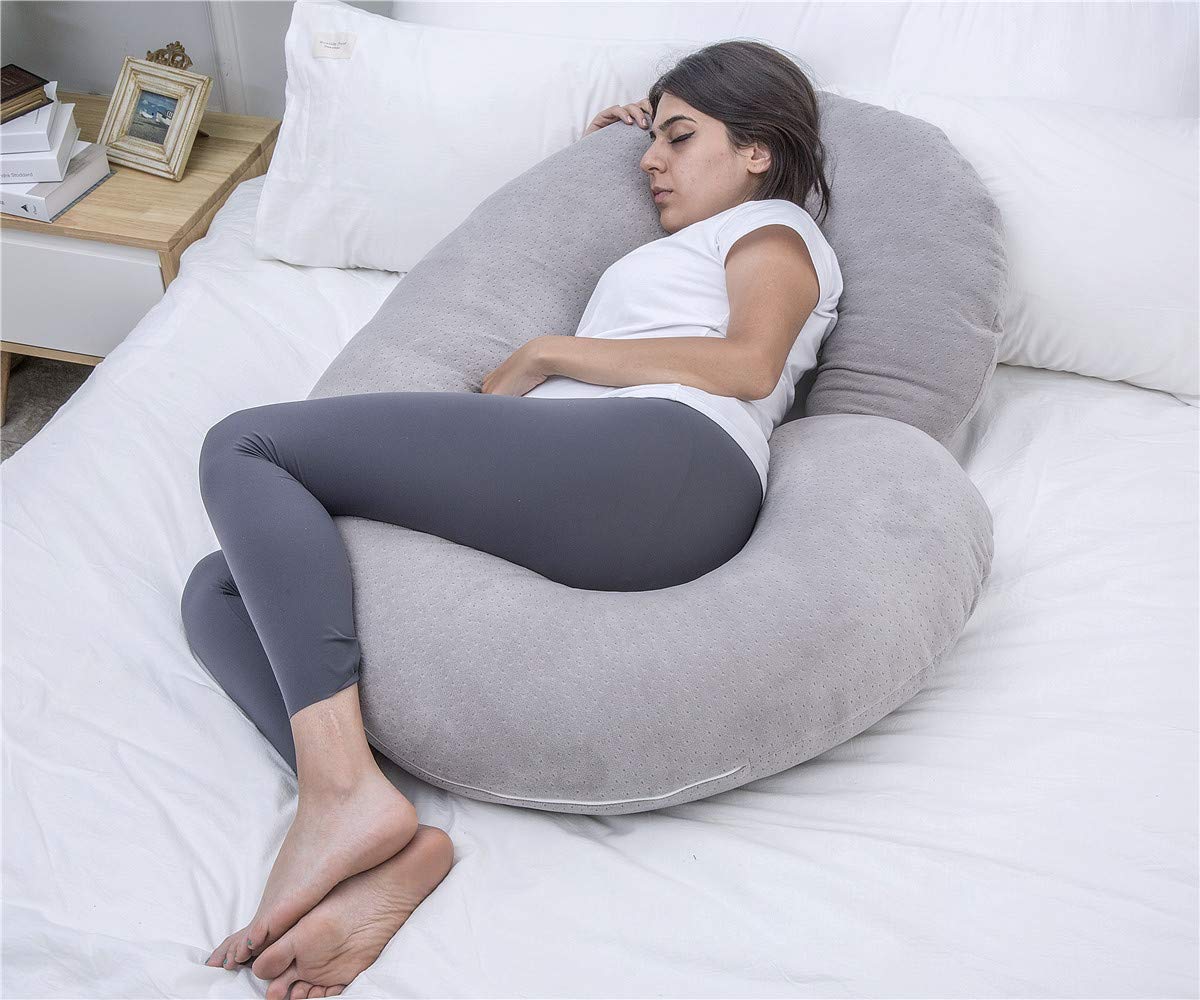 1 MIDDLE ONE Pregnancy Pillow, C Shaped Full Body Pillow for Maternity Support, Pregnant Women Sleeping Pillow with Velour Cover (Grey)