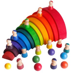 30 pcs wooden rainbow tower stacker building blocks with balls dolls colorful stem montessori toys sorting stacking games puzzles educational kit for kids